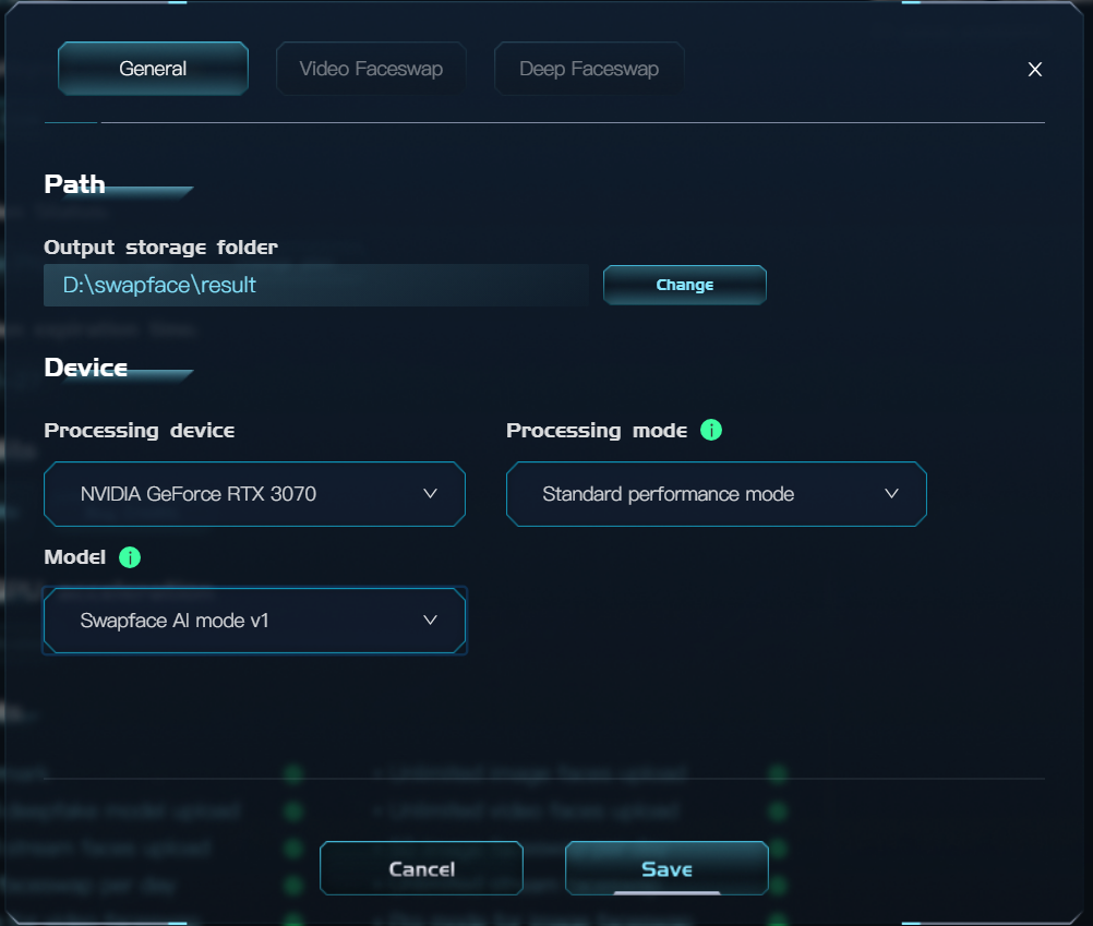 Settings in Swapface – Swapface