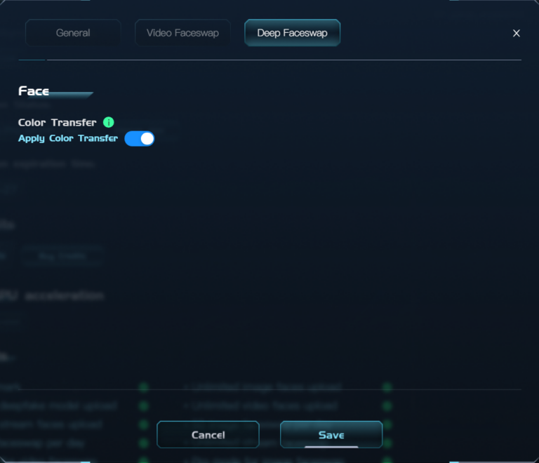 Settings in Swapface – Swapface